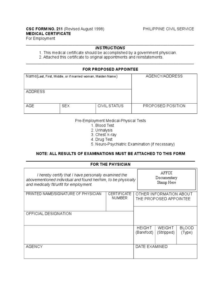 CSC FORM NO. 211 (Revised August 1998) Medical Certificate ...