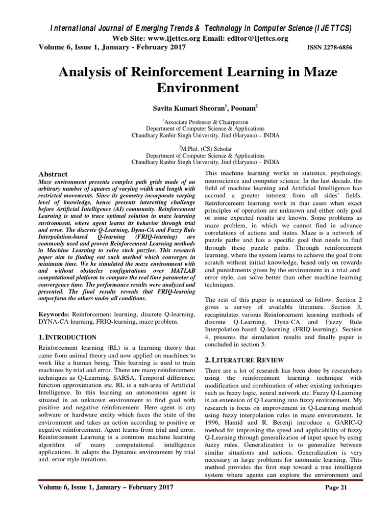 Analysis of Reinforcement Learning in Maze Environment | PDF ...