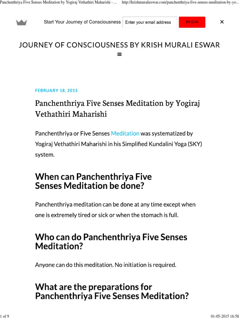 Panchenthriya Five Senses Meditation by Yogiraj Vethathiri Maharishi - Journey of Consciousness ...
