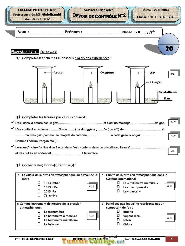 Devoir de Contrôle N°2 Collège Pilote - Physique - 7ème (2016-2017) MR Galaï Abdelhamid | PDF ...