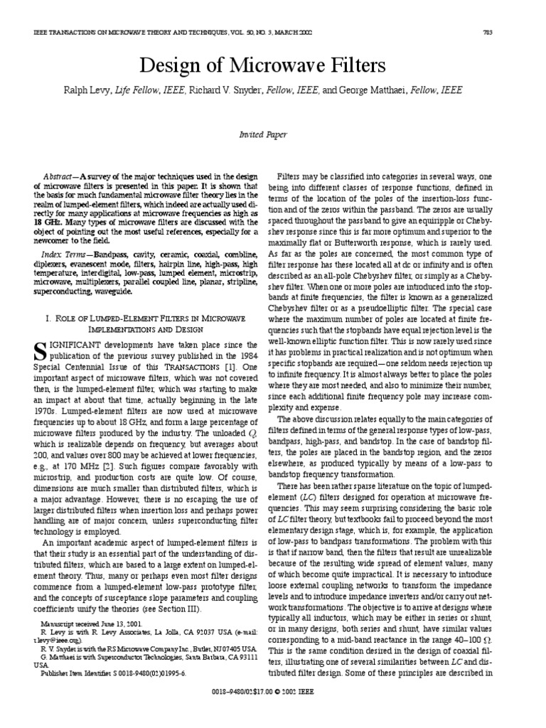 Design of Microwave Filters PDF | PDF | Electronic Filter | Filter ...