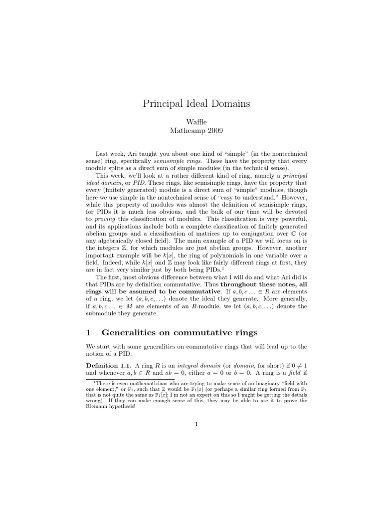 Principal Ideal Domains: 1 Generalities On Commutative Rings | PDF | Ring (Mathematics) | Module ...