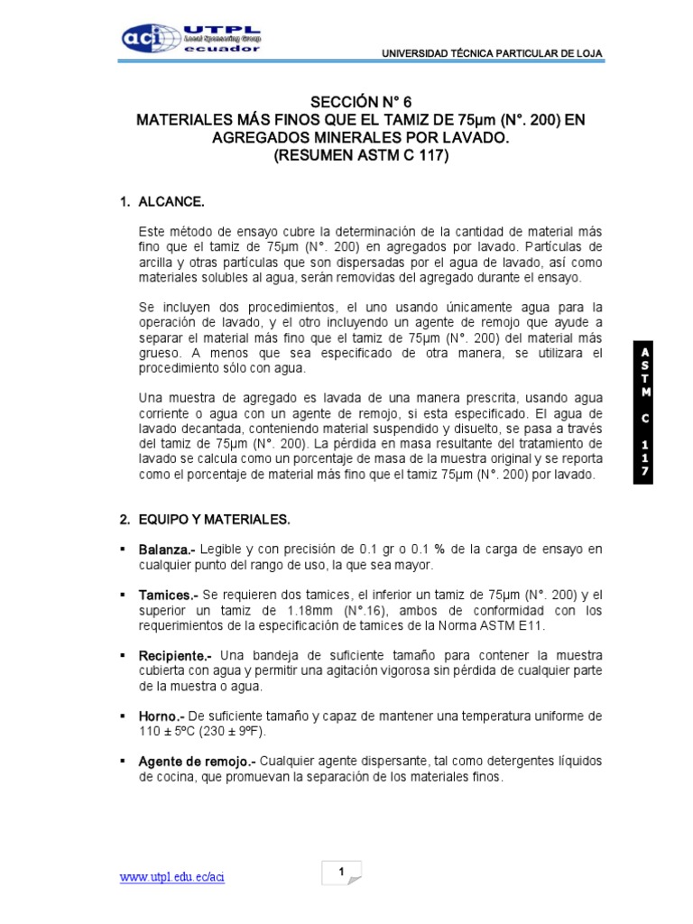 Resumen-ASTM C-117 PDF | PDF | Masa | Agua