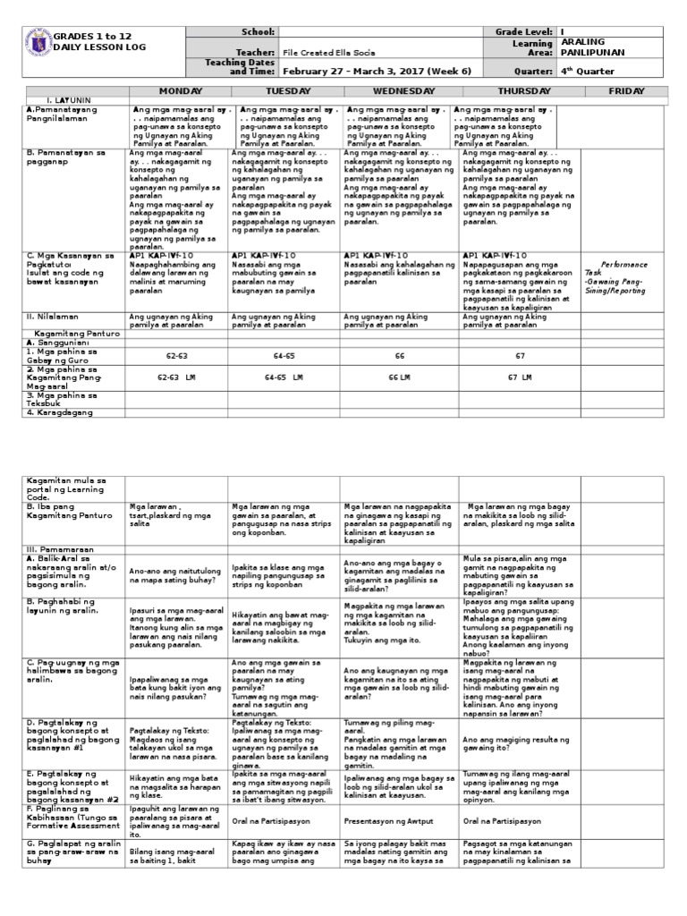 DLL Araling Panlipunan 1 q4 w6 Ellasocia | PDF