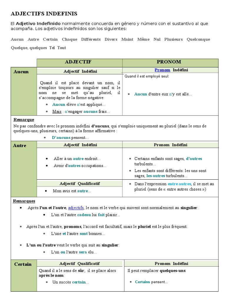 Les Adjectifs Indéfinis en Français | PDF | Nombre grammatical | Genre ...