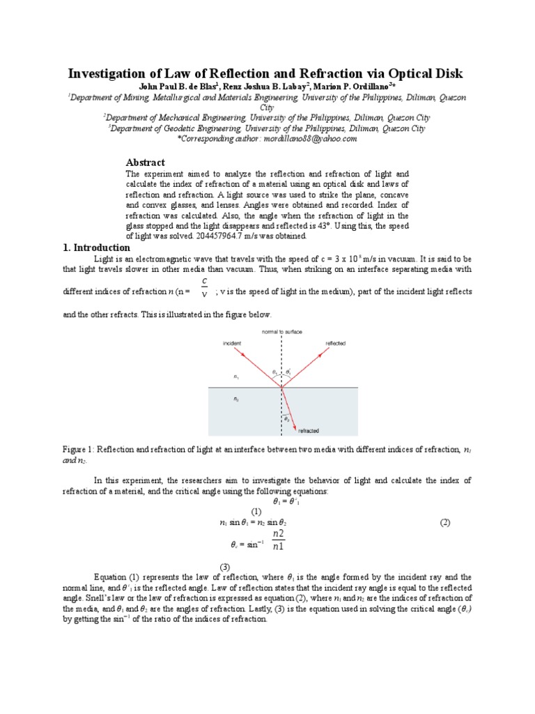 Investigation of Reflection and Refraction Using Optical Disk | PDF ...