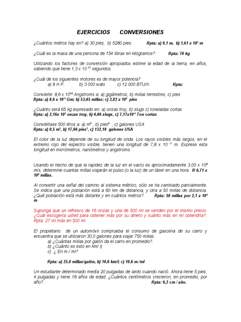 Ejercicios Conversiones Fisica PDF | PDF | Velocidad de la luz ...