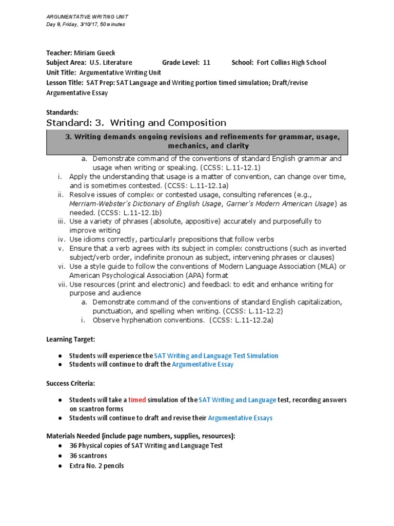 Standard: 3. Writing and Composition: Teacher: Subject Area: Grade ...