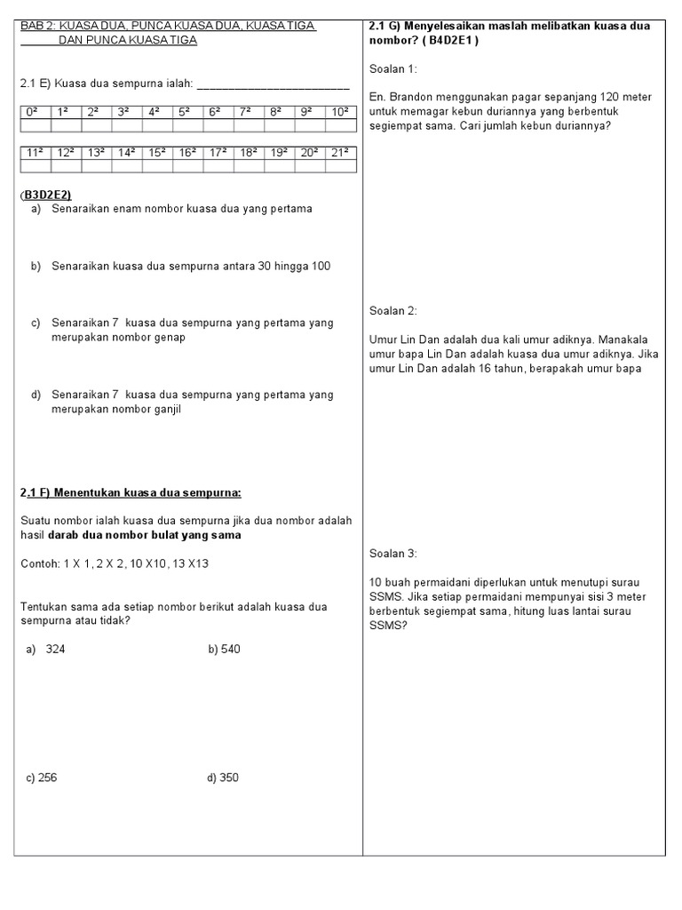 BAB 2 Kuasa Dua Punca Kuasa Dua Kuasa Tiga Punca Kuasa Tiga | PDF