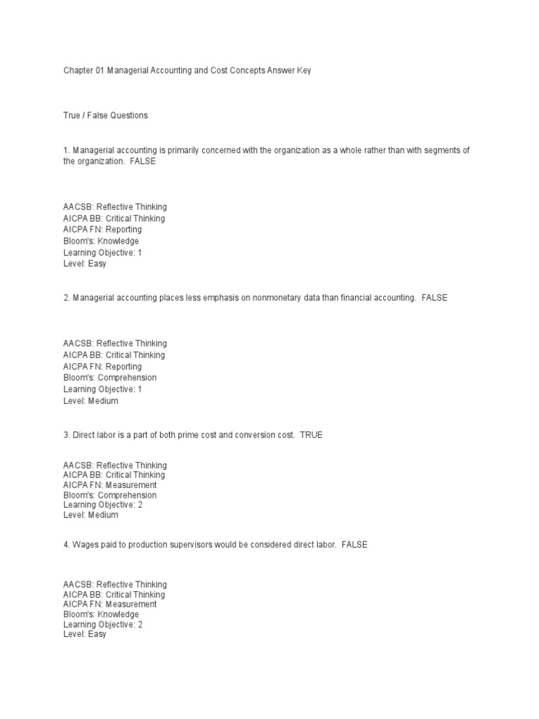 Chapter 01 Managerial Accounting and Cost Concepts Answer Key | PDF ...