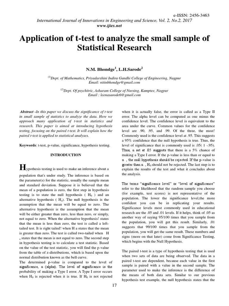 Application of T-Test To Analyze The Small Sample of Statistical ...