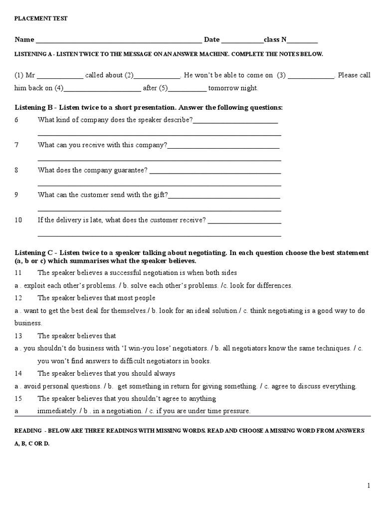 Comprehensive Placement Test Guide | PDF | Negotiation | Educational ...