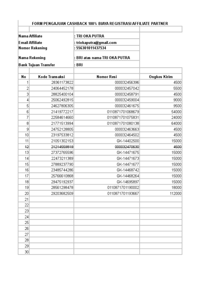 Form Pengajuan Cashback 100% Biaya Registrasi Affiliate Partner | PDF