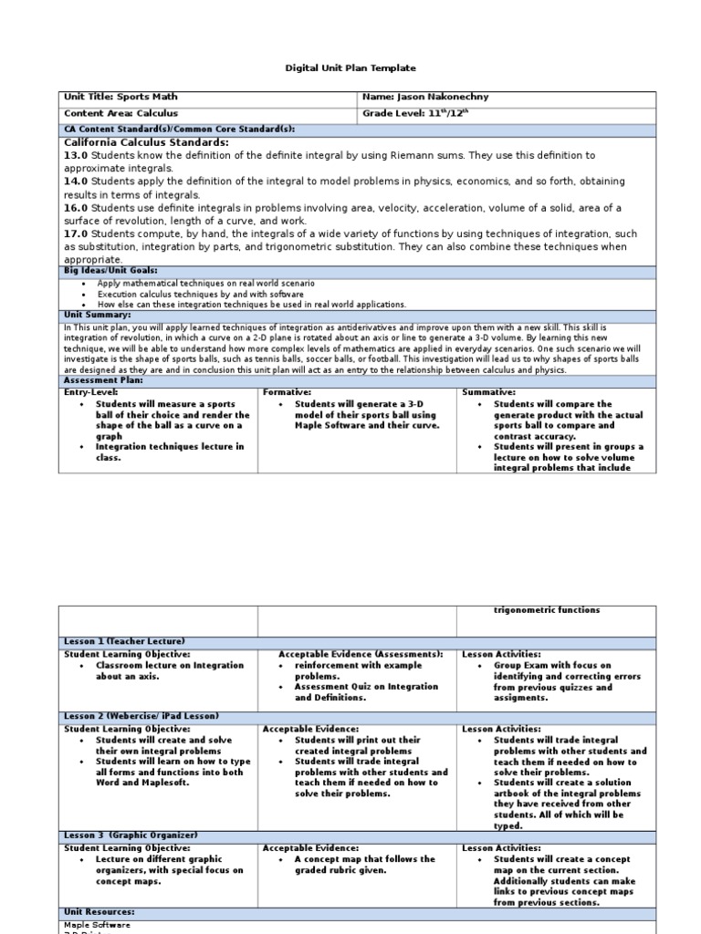 Digital Unit Plan Template Unit Title: Sports Math Name: Jason ...