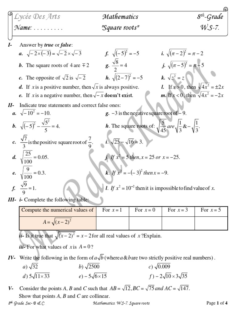 Lycée Des Arts: Mathematics 8 - Grade Name: - . - . - . - . - "Square ...