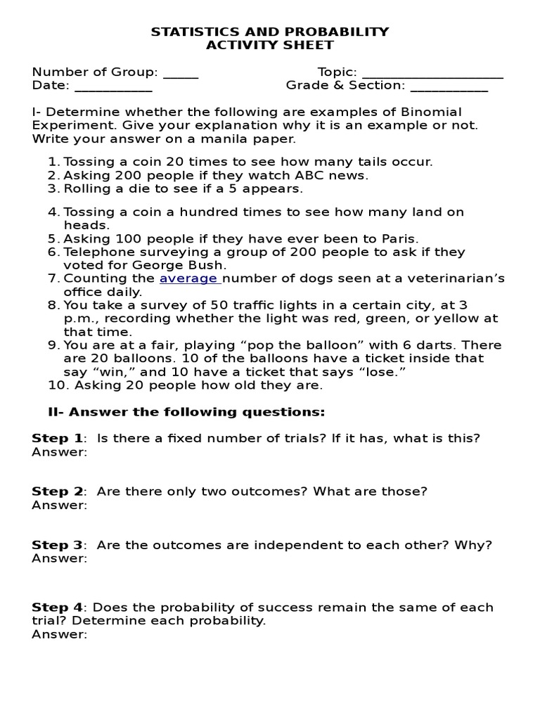 Statistics and Probability Activity Sheet | PDF | Probability ...