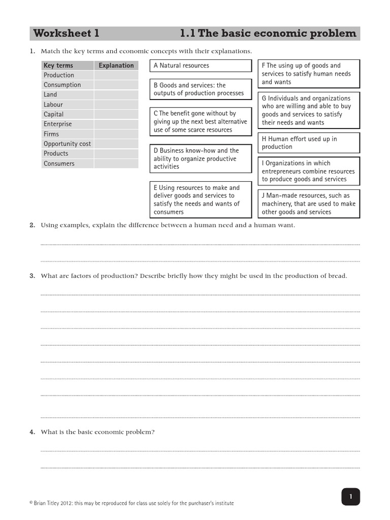 Worksheet The Basic Economic Problem | PDF | Factors Of Production ...
