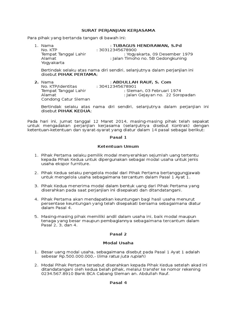 Contoh Format Surat Perjanjian Kontrak Kerjasama | PDF | Pengelolaan ...