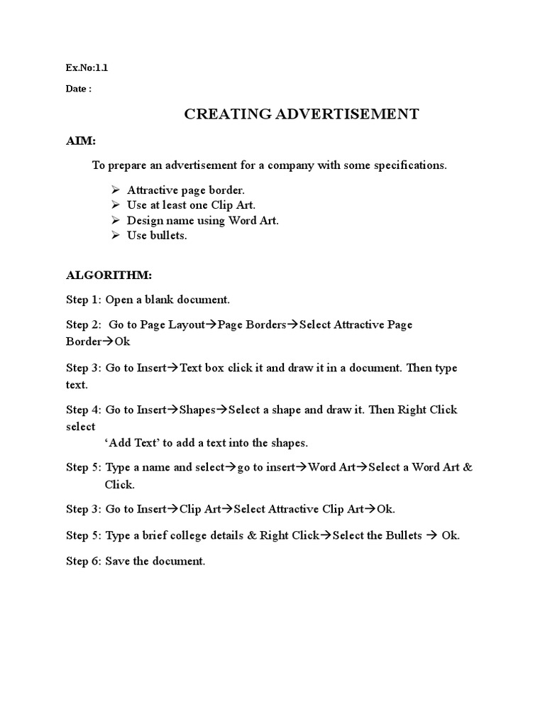 Creating Advertisement: Aim: To Prepare An Advertisement For A Company ...