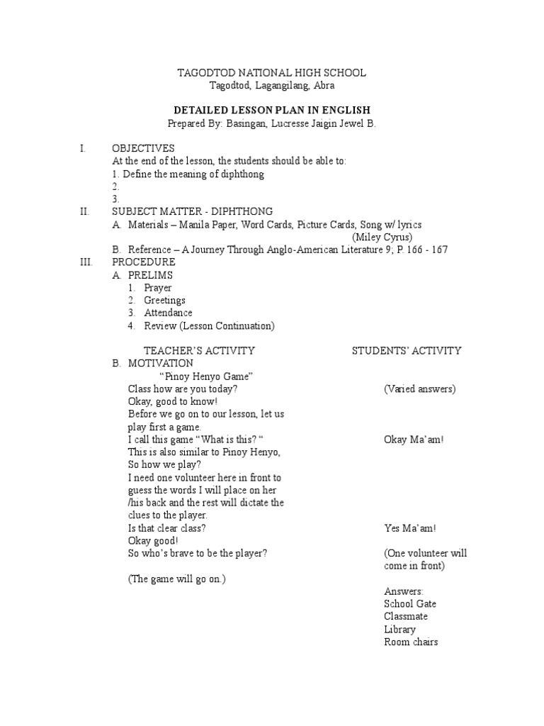 Lesson Plan in Diphthongs | PDF | Lesson Plan | Behavior Modification