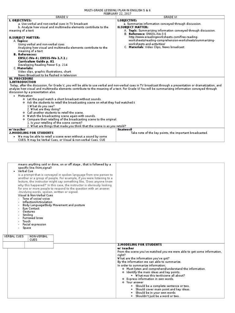 Multi-Grade Lesson Plan in English 5 & 6 | PDF | Interpersonal ...