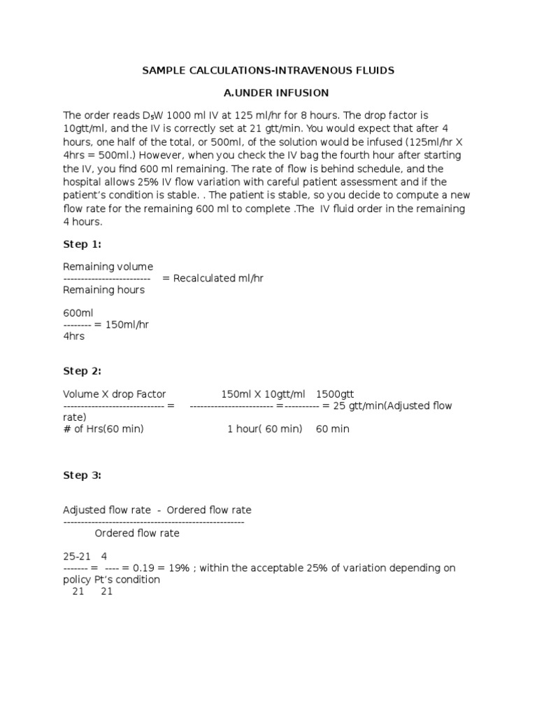 Sample Calculations-Intravenous Fluids A.Under Infusion | PDF