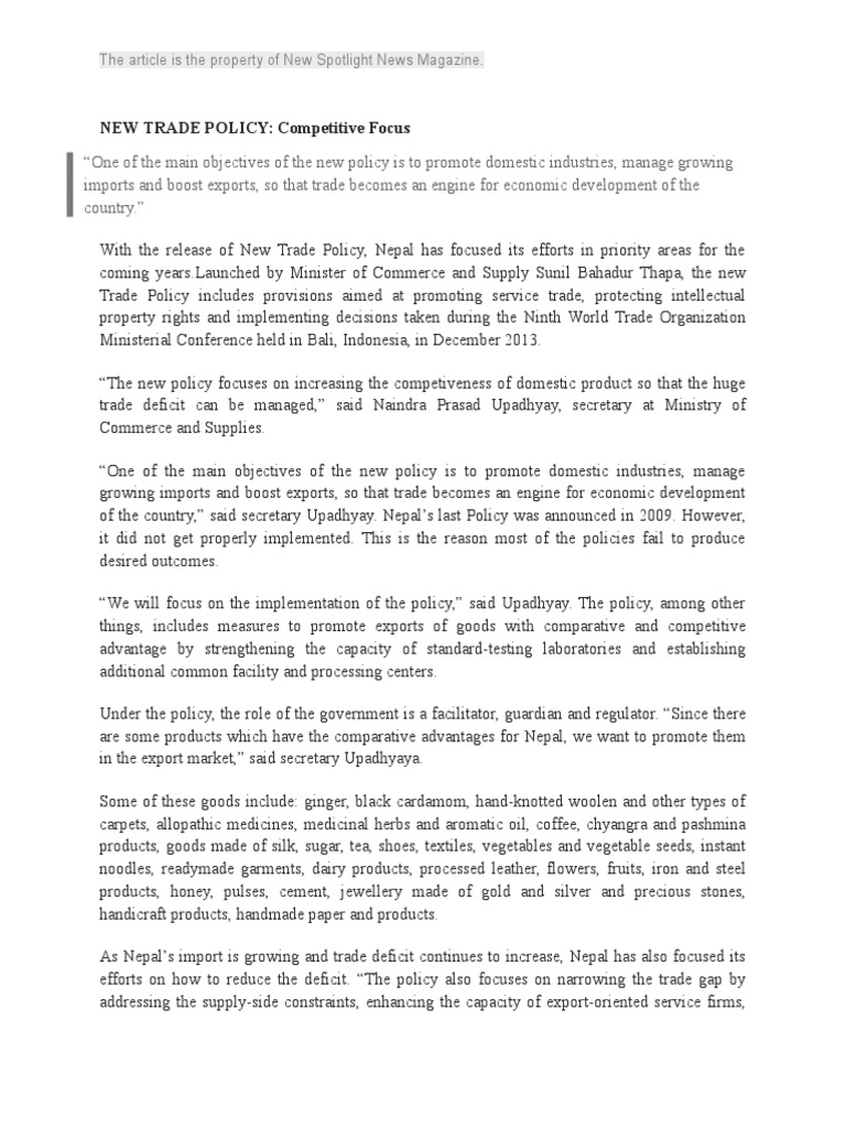 Nepal's New Trade Policy Overview | PDF | Business
