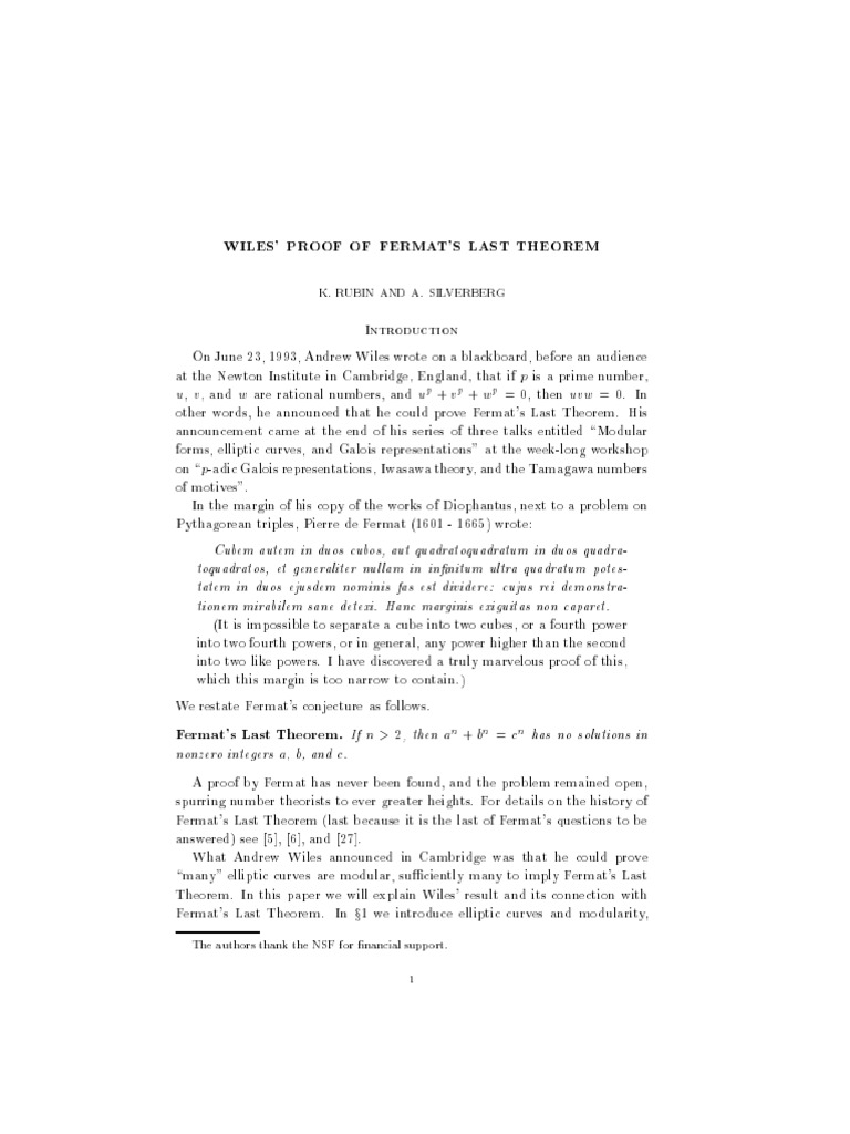 Wiles' Proof of Fermat'S Last Theorem: K. Rubin and A. Silverberg | PDF ...