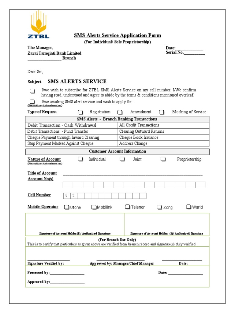 ZTBL SMS Alerts Facility Application Form | PDF | Short Message Service ...