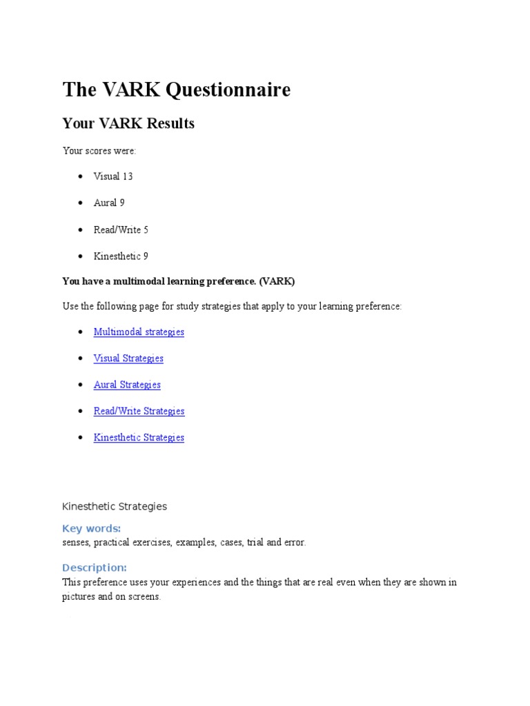 The VARK Questionnaire | PDF | Test (Assessment) | Cognitive Science The VARK Questionnaire | PDF | Test (Assessment) | Cognitive Science