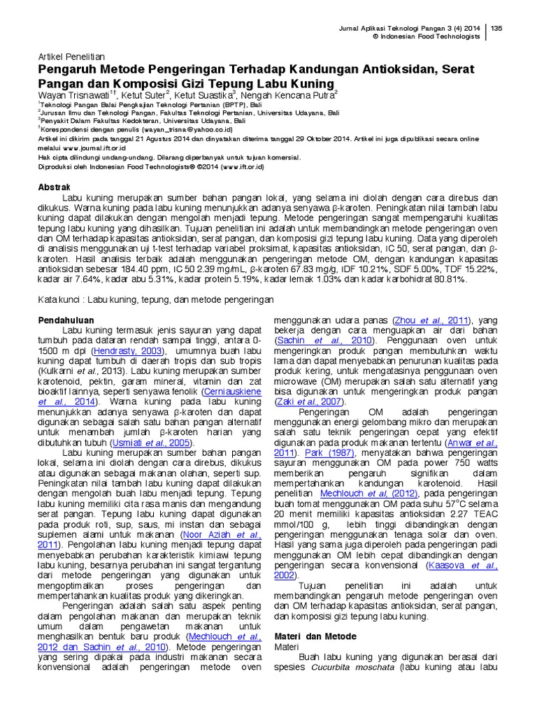Pengaruh Metode Pengeringan Terhadap Kandungan Antioksidan, Serat Pangan Dan Komposisi Gizi ...