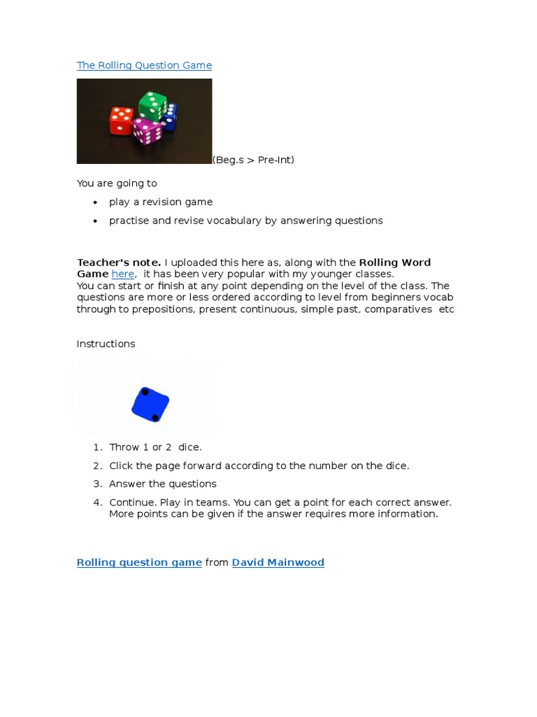 The Rolling Question Game: Teacher's Note. I Uploaded This Here As ...