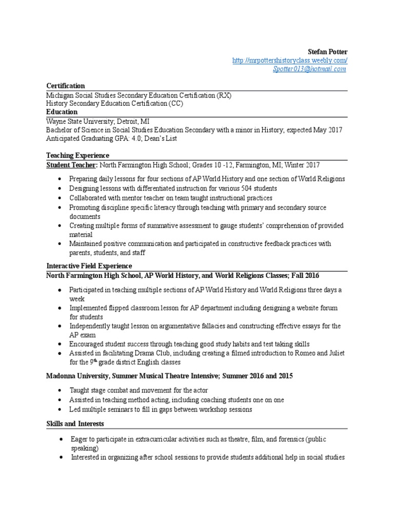 Stefan Potter Teaching Resume - Social Media Version | PDF | Teachers ...
