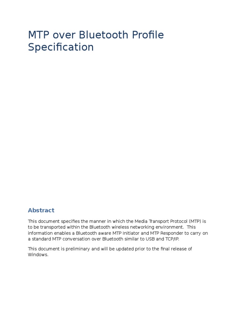 MTP Over BT Profile Specification | PDF | Bluetooth | Network Packet