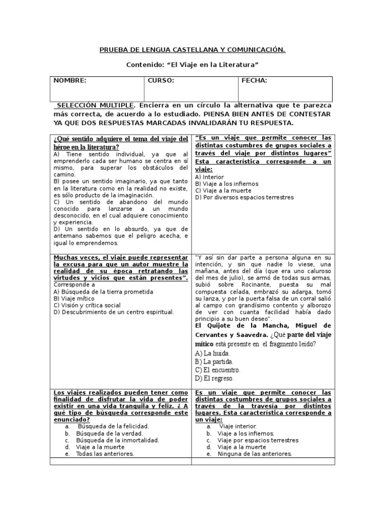 Prueba Del Viaje en La Literatura | PDF | Conocimiento | Science