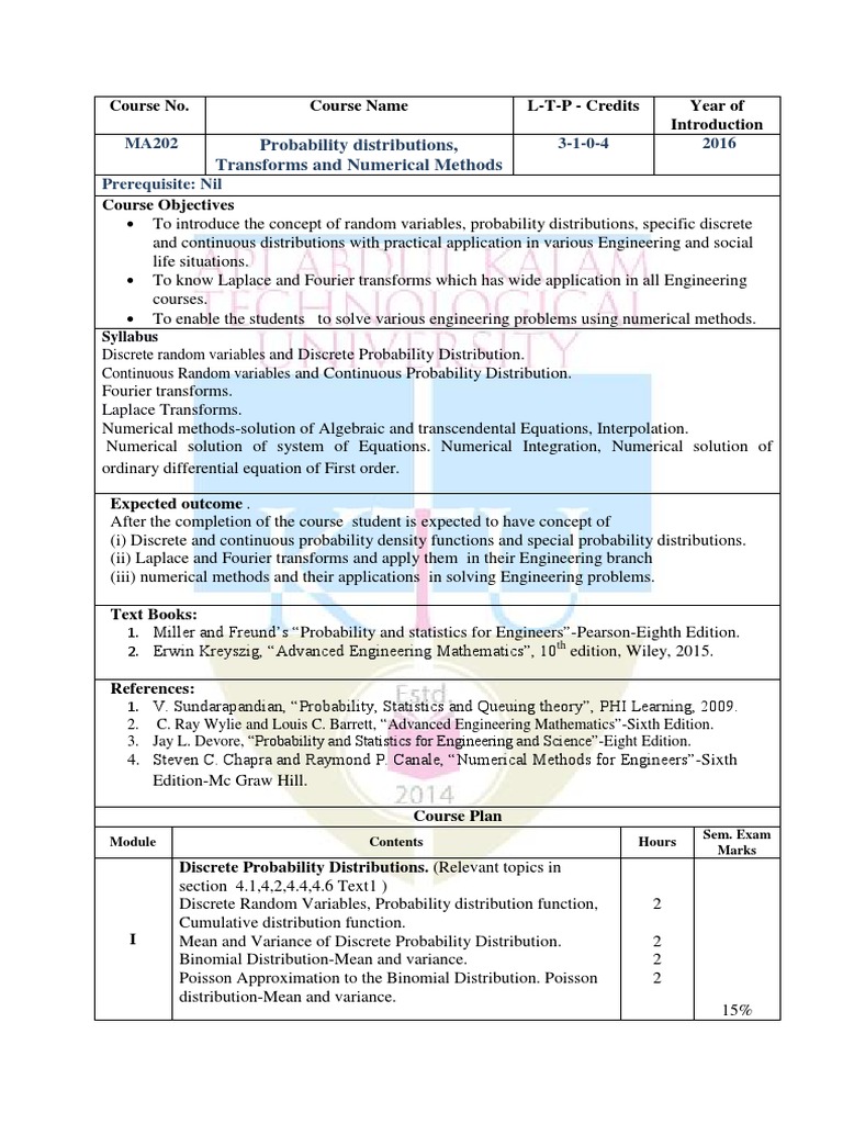 MA202 Probability Distributions, Transforms and Numerical Methods Syllabus | PDF | Laplace ...