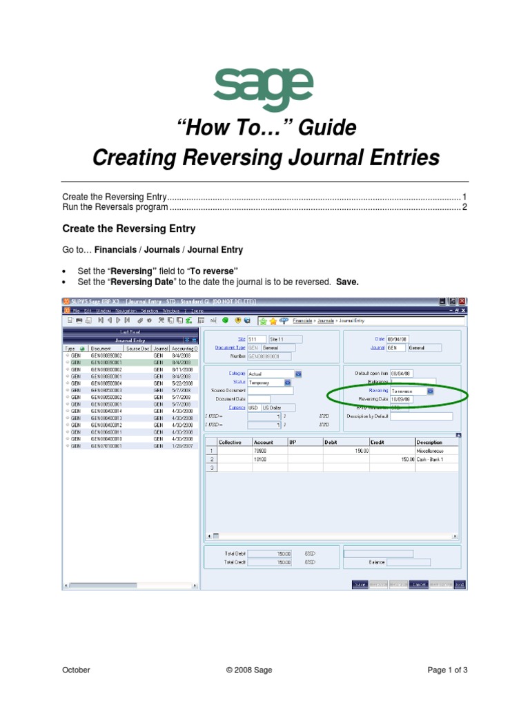Sage X3 - User Guide - HTG-Creating Reversing Journal Entries PDF | PDF