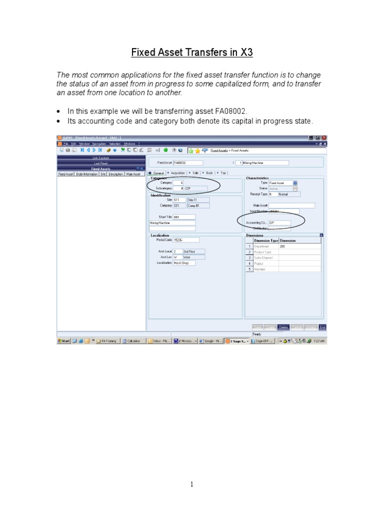 Sage X3 - User Guide - Fixed Asset Transfers in X3 | PDF
