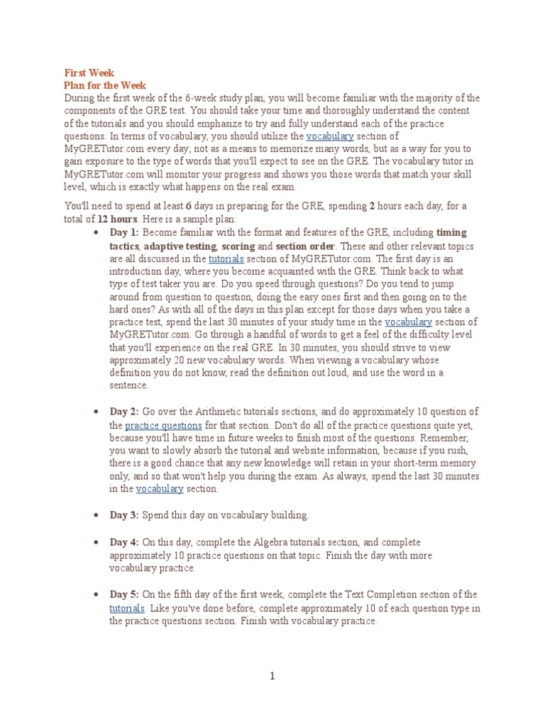 6 Week Study Plan | PDF | Graduate Record Examinations | Test (Assessment)