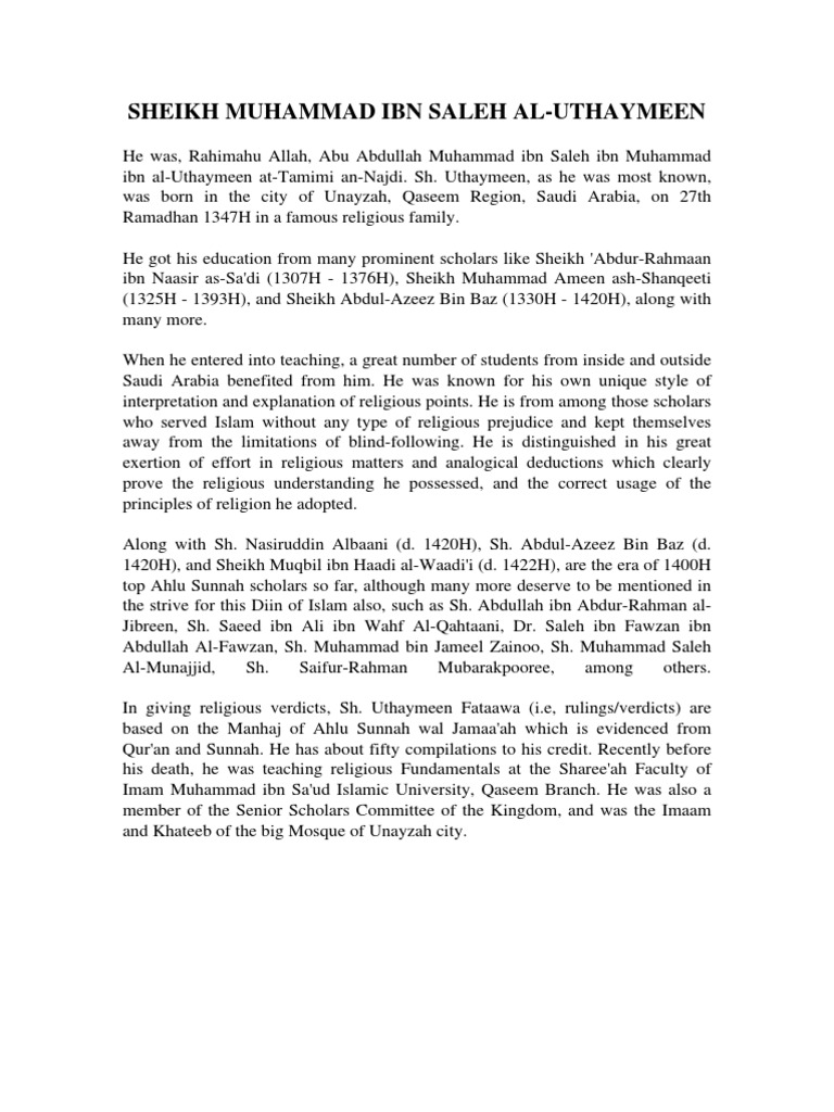 Sheikh Muhammad ibn Saleh al-Uthaymeen | PDF | Sheikh | Muhammad