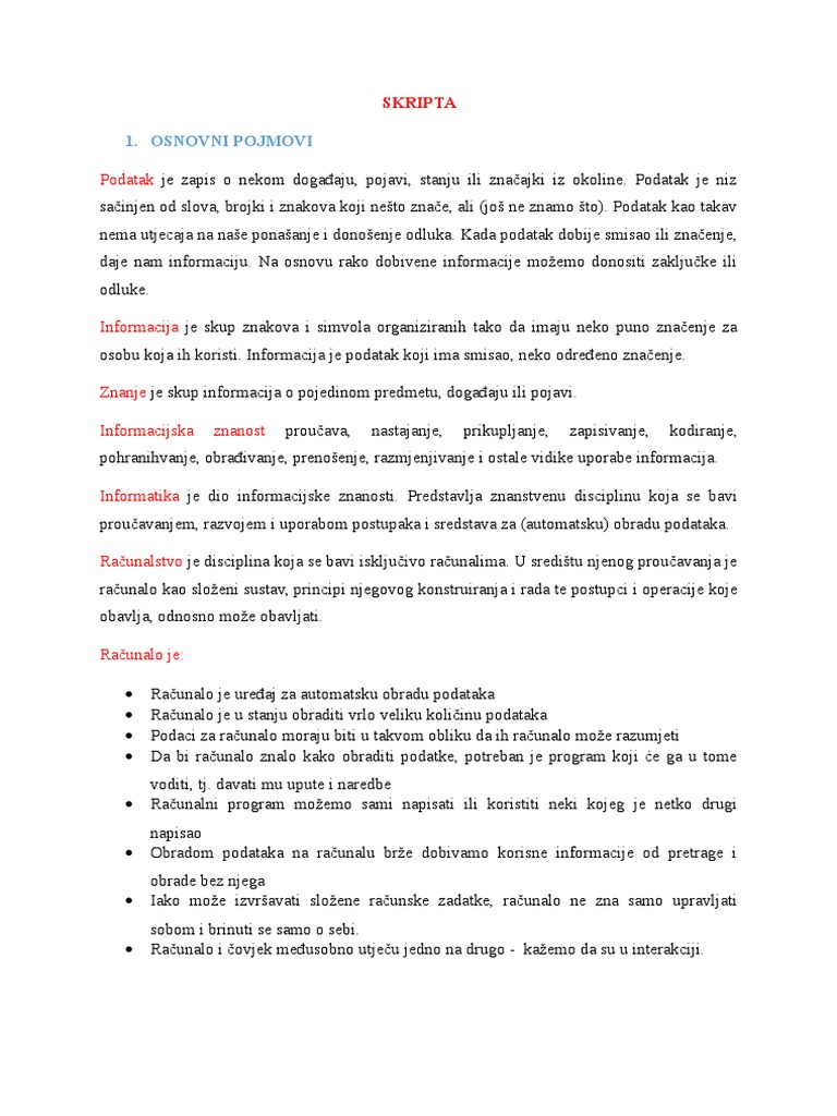 Skripta - Osnove Informatike I Građa Računala | PDF