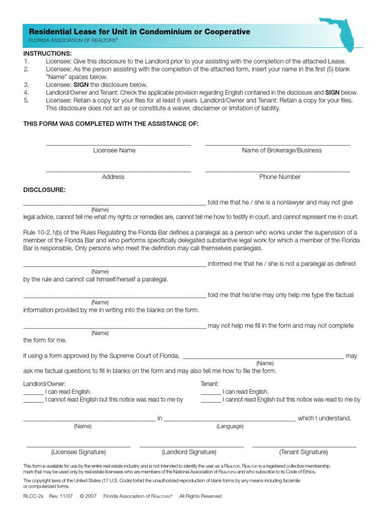 Florida - Residential Lease For Unit in Condo or Coop - Lease - For ...