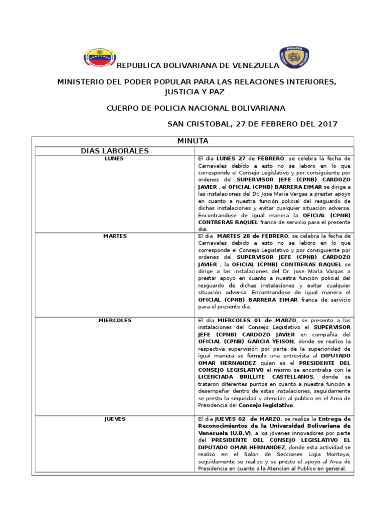 Republica Bolivariana de Venezuela Minuta | PDF | Policía | Venezuela