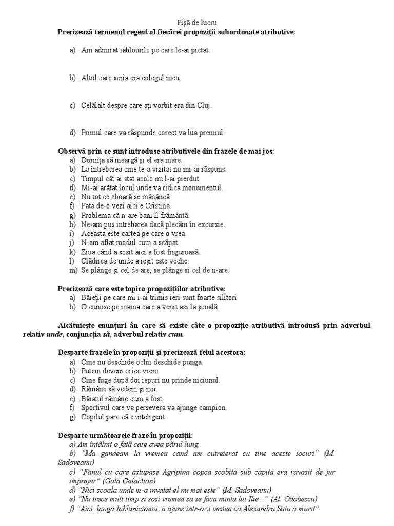 Fisa de Lucru Clasa A VIII-a Atributiva | PDF