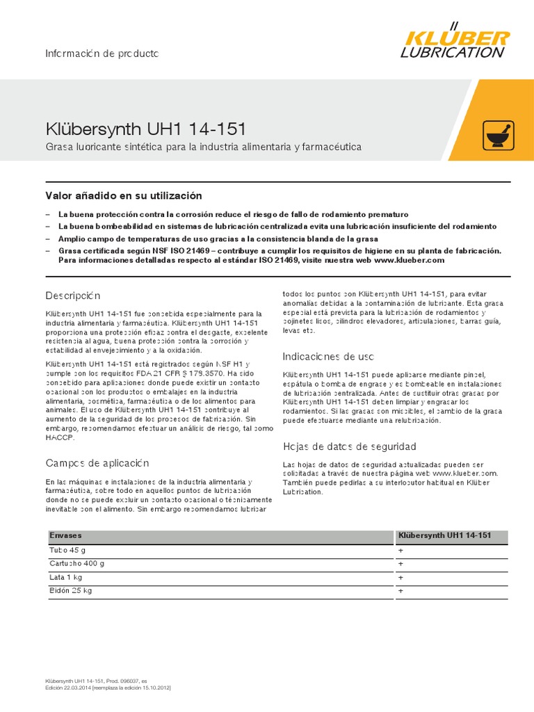 Kluebersynth UH1!14!151 ES Es | PDF | Lubricante | Farmacéutico