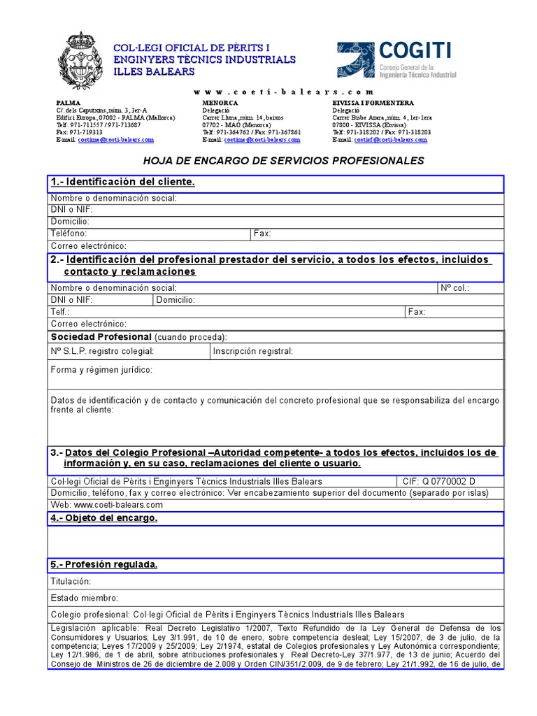 Hoja Encargo de Trabajo Profesional COGITI | PDF