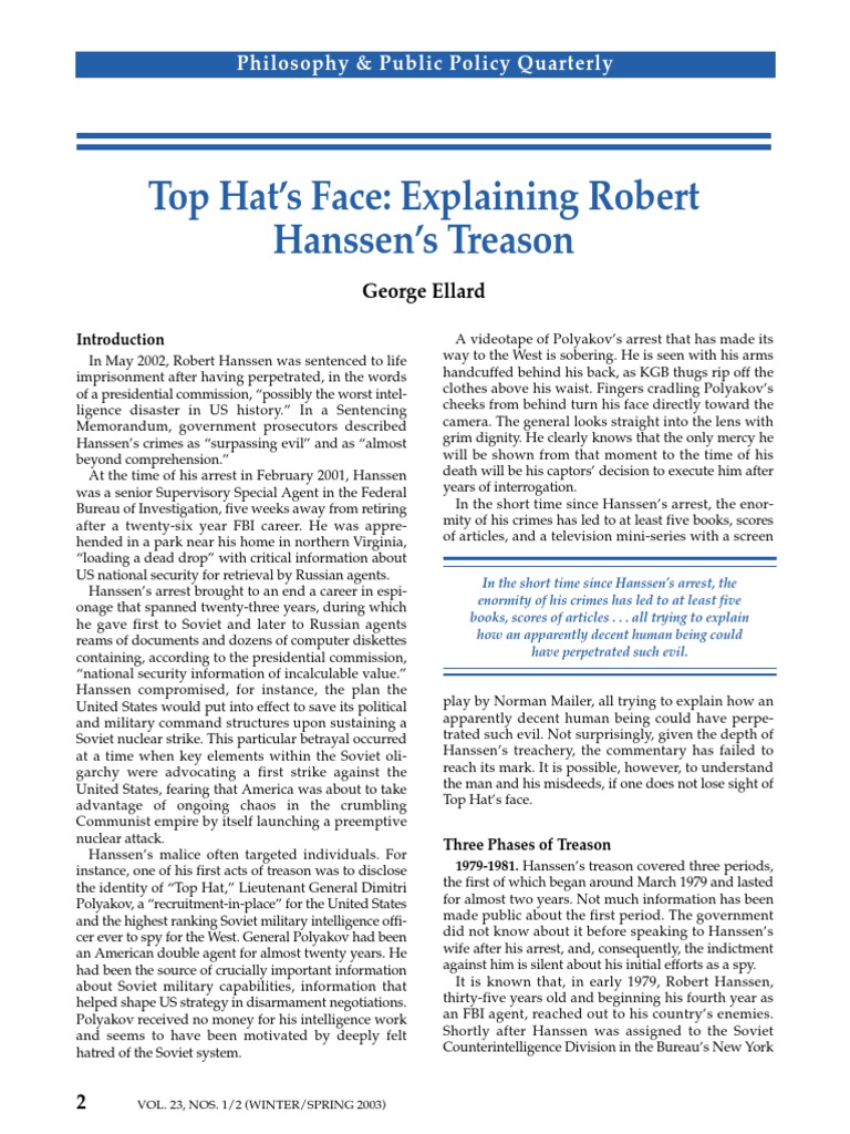 George Ellard - Top Hat's Face: Explaining Robert Hanssen's Treason ...