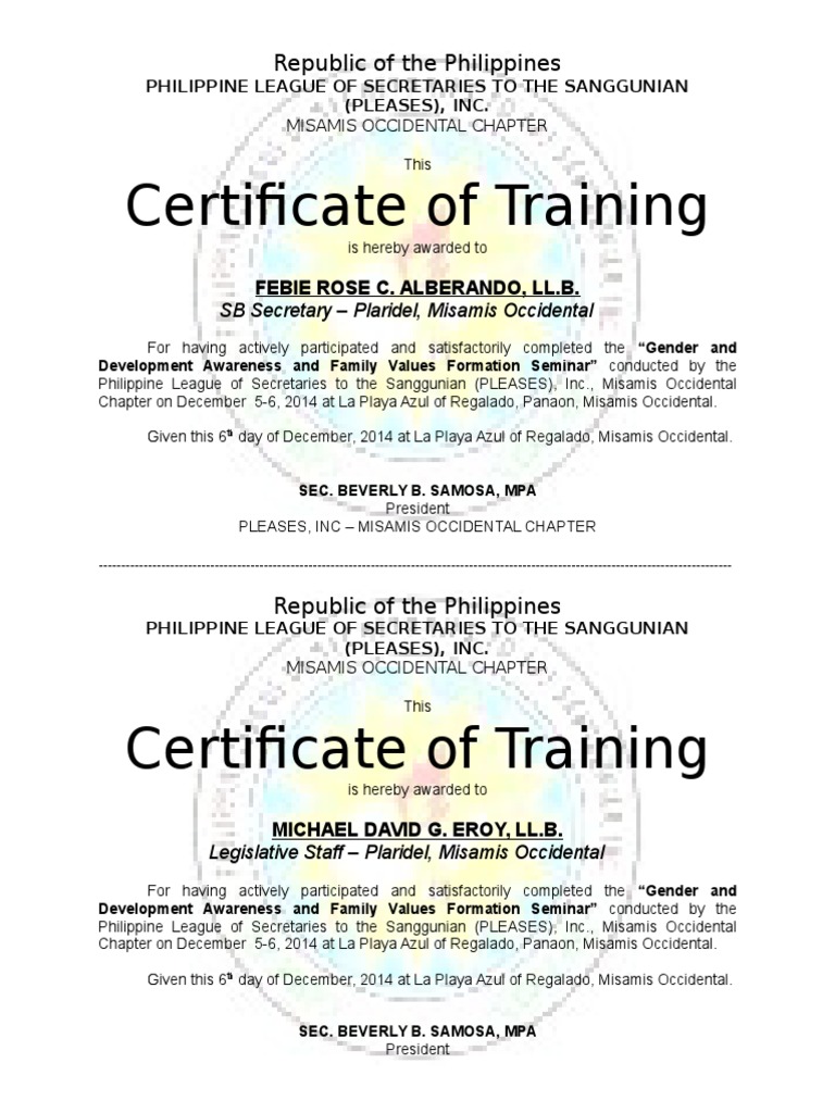 PLEASES Mis Occ Certificate of Training at La Playa Azul | PDF | Wellness