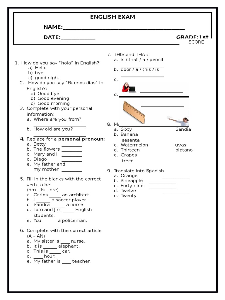 English Exam NAME: - Date: - Grade:1St | PDF