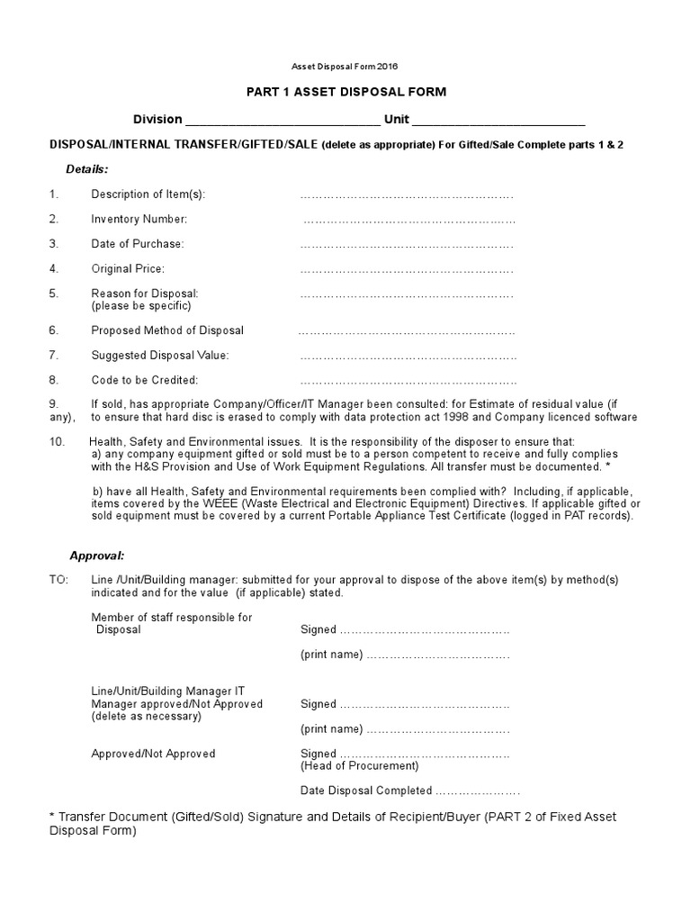 Part 1 Asset Disposal Form Division - Unit | PDF | Waste Management ...